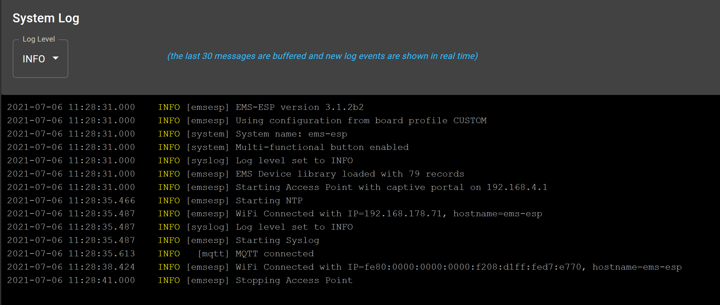 show real NPT time (if NTP service active) in Web's System Log · Issue #82 · emsesp/EMS-ESP32 ...