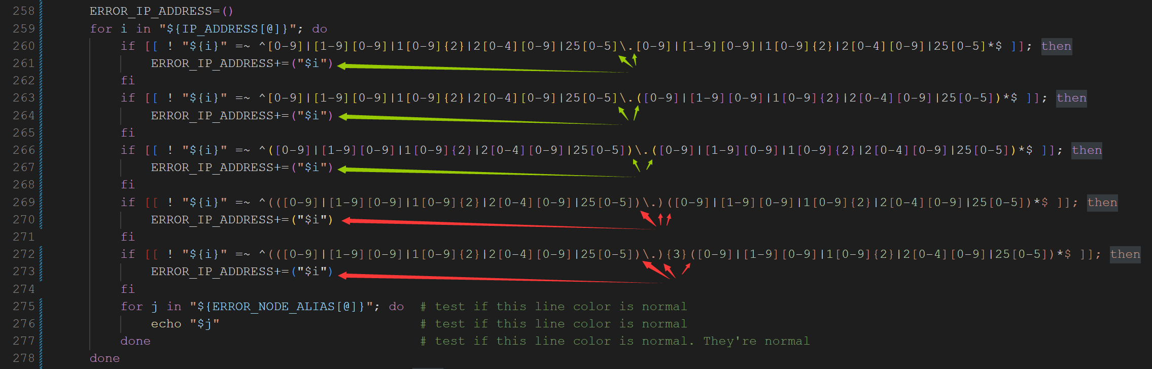 The shell script regex color rendering is wrong, causing other lines to ...