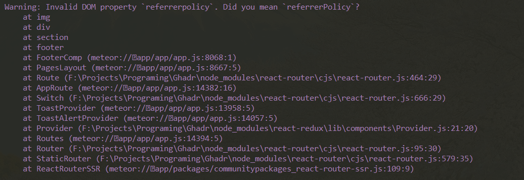 Invalid DOM property `referrerpolicy`. Did you mean `referrerPolicy ...