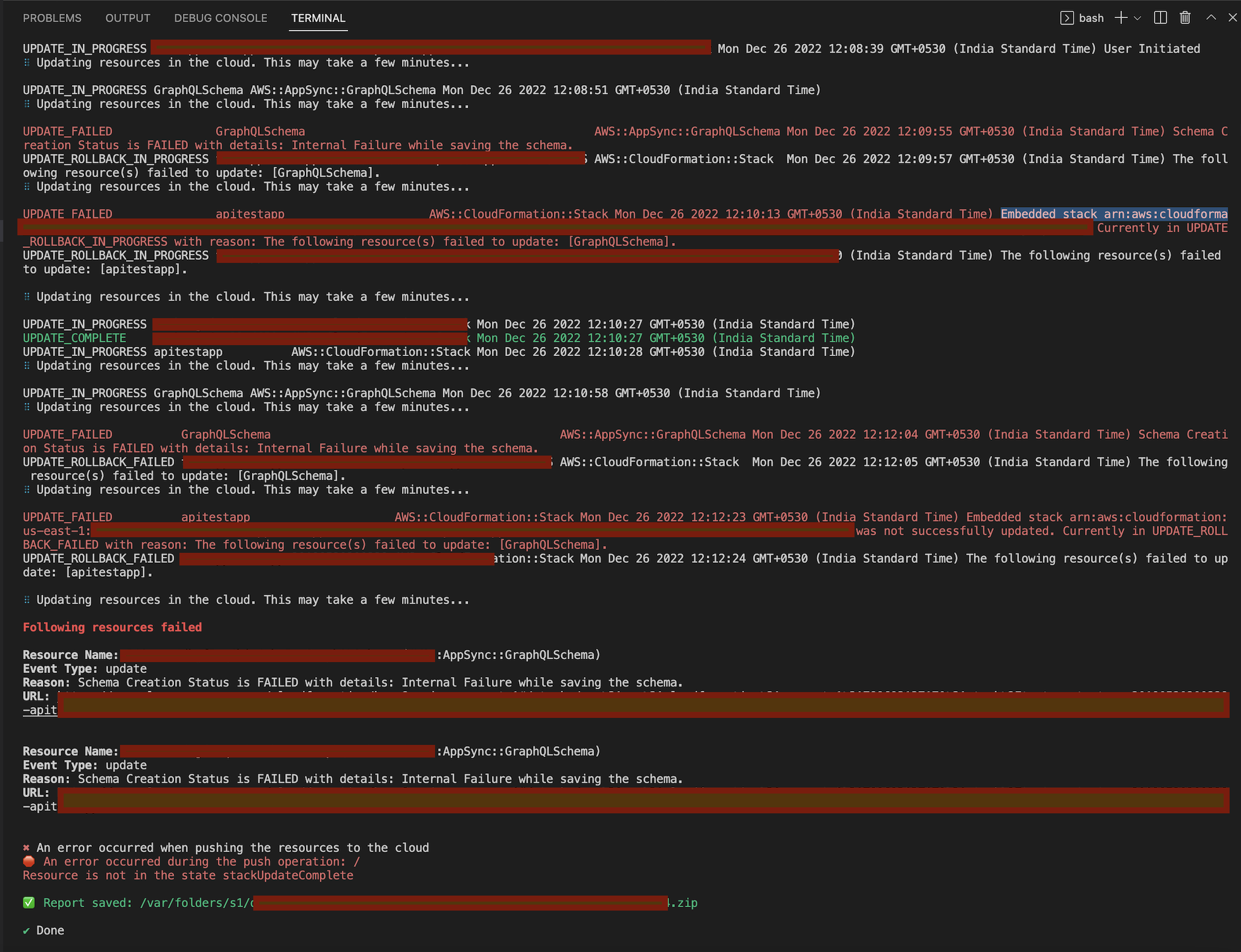 Amplify push failed with GraphQLSchema schema update and Resource is not in the state ...
