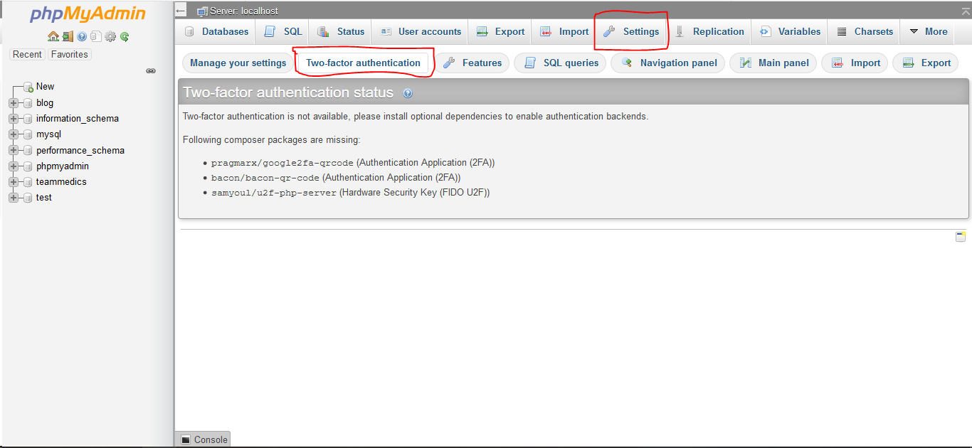 'Settings' not marked as active when browsing 2FA settings · Issue #15157 · phpmyadmin ...
