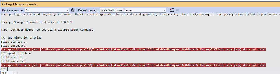 The specified deps.json [C:\Users\pwens\source\repos\WaterWithdrawl-3\WaterWithdrawal\Client\bin ...
