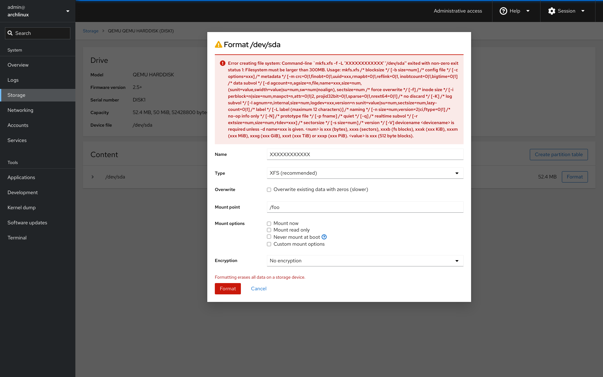storage error messages from mkfs.xfs are too verbose · Issue #17672 · cockpit-project/cockpit ...