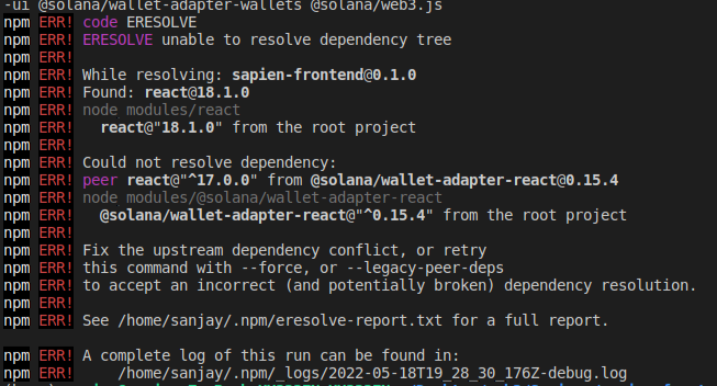 Npm Install Results In Error As Project Contains React18 And Peer React1700 From Solana 7481