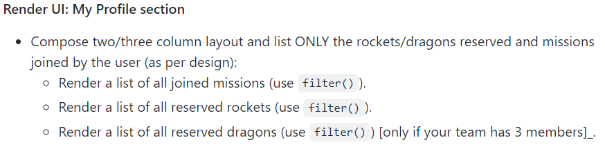 Your reserved Rockets, Missions, and Dragons should be rendered using the `filter` method ...