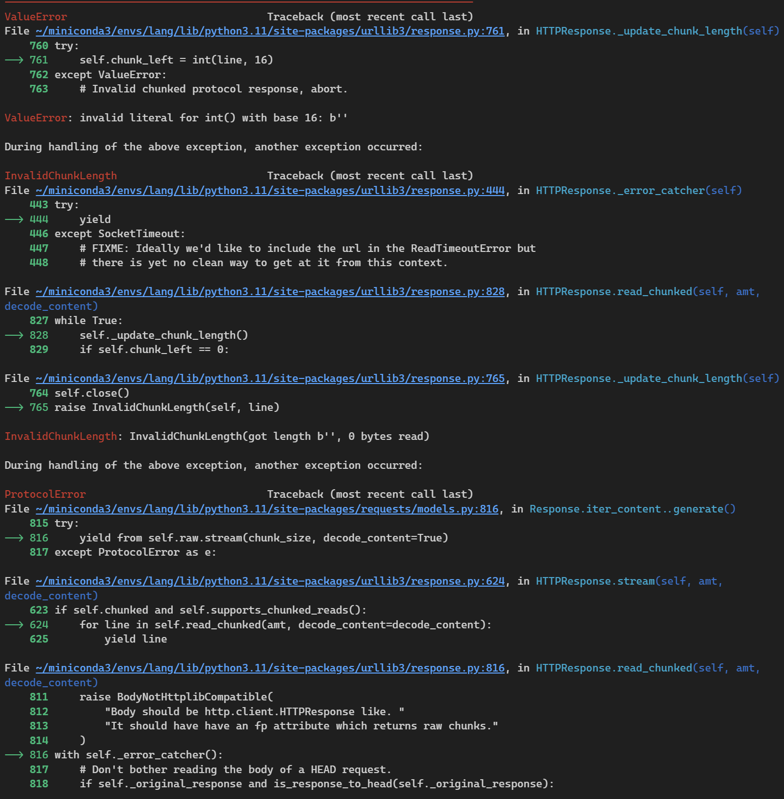 Getting requests.exceptions.ChunkedEncodingError when using TaskCompletion in stream mode or ...