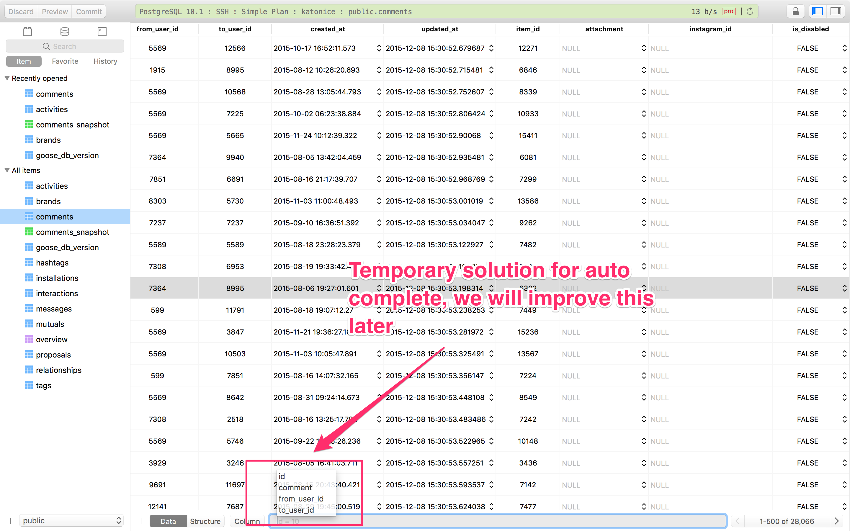 Support for autocomplete in "Where section" of Data view · Issue #122 · TablePlus/TablePlus · GitHub