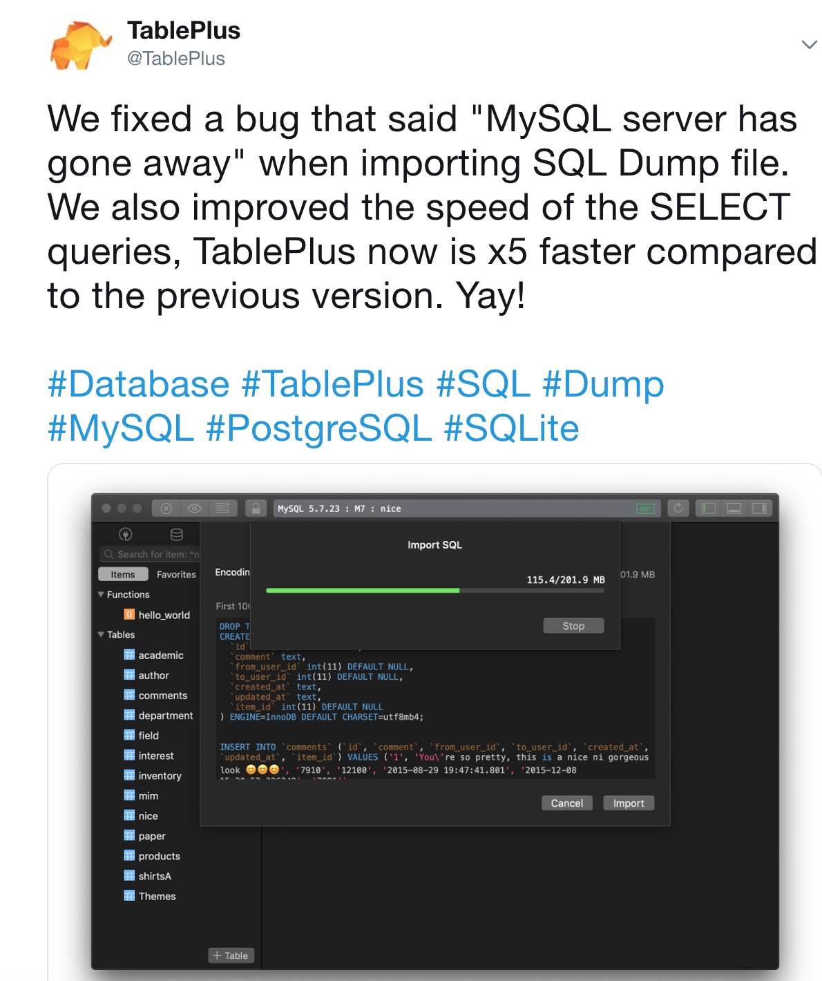 Feature Request: Import SQL dumps. · Issue #331 · TablePlus/TablePlus · GitHub