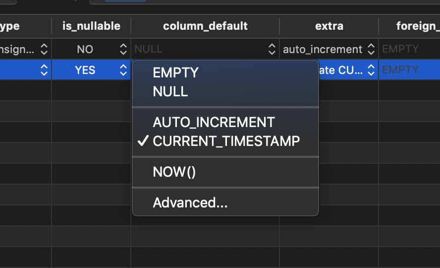 wrong sql query while updating when data_type is timestamp and column_default is CURRENT ...