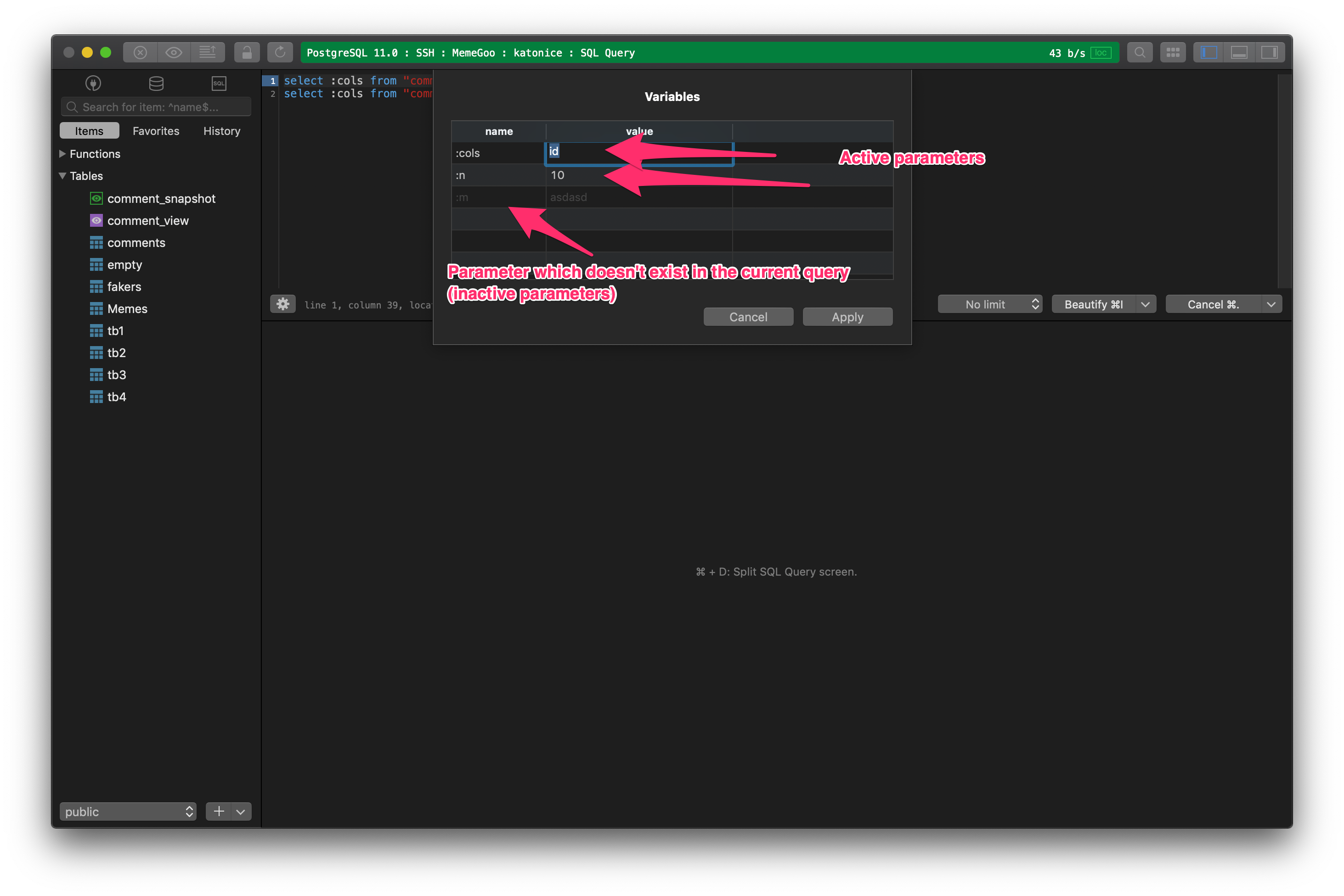 Allow query parameters in SQL query window · Issue #430 · TablePlus/TablePlus · GitHub