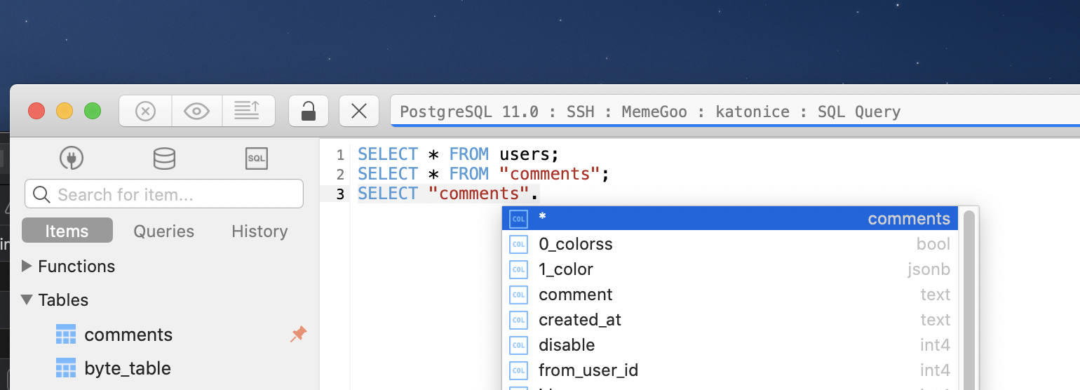 Query Editor Suggestion: Autocomplete field names on SELECT · Issue #1713 · TablePlus/TablePlus ...