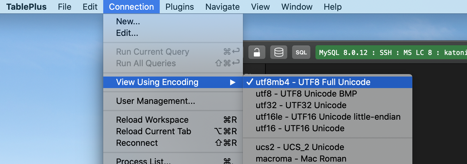 "utf8mb4" is not supported · Issue #2076 · TablePlus/TablePlus · GitHub