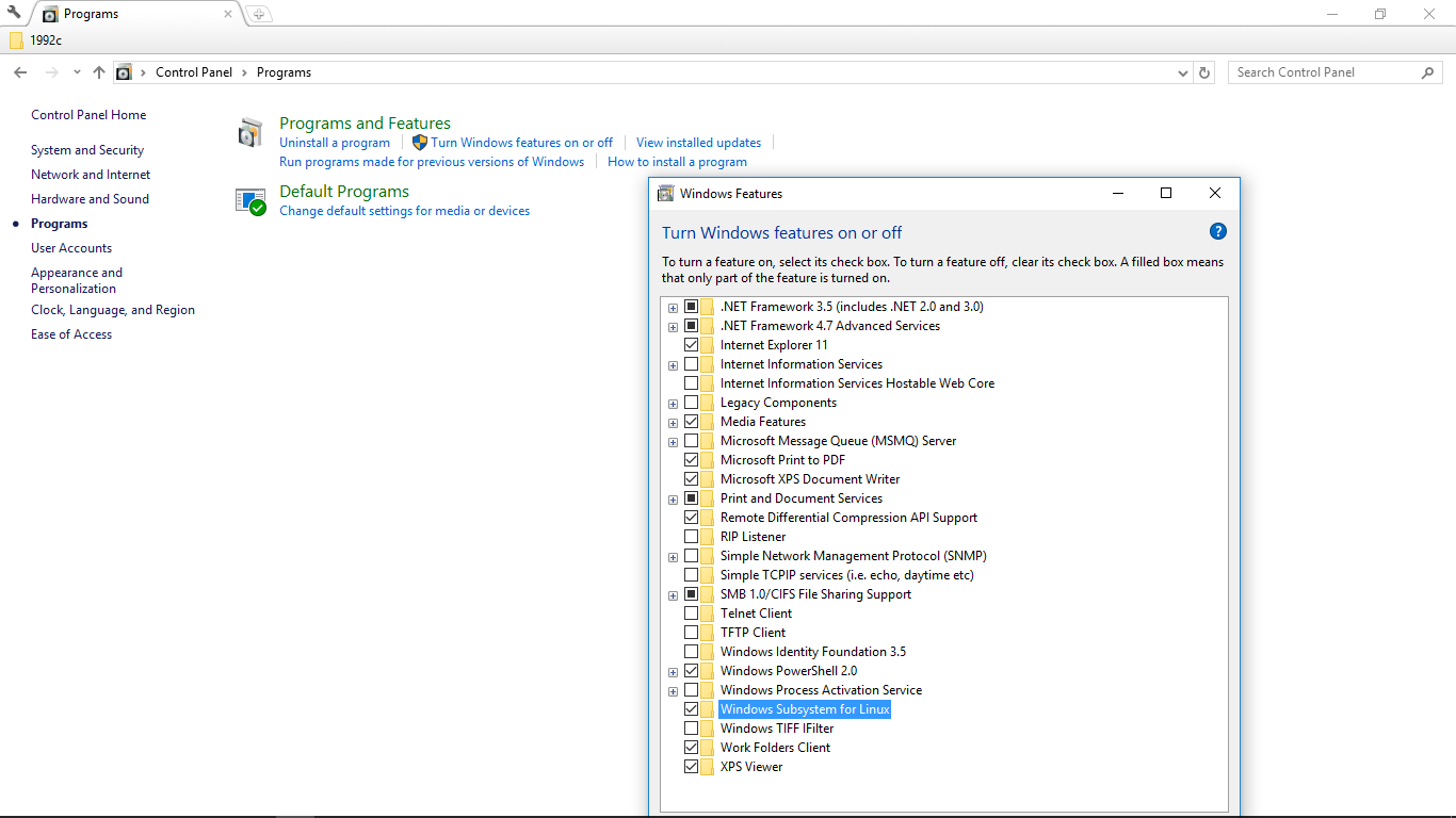 Unable to enable Windows Susbsystem Linux in the Enable Features dialog ...