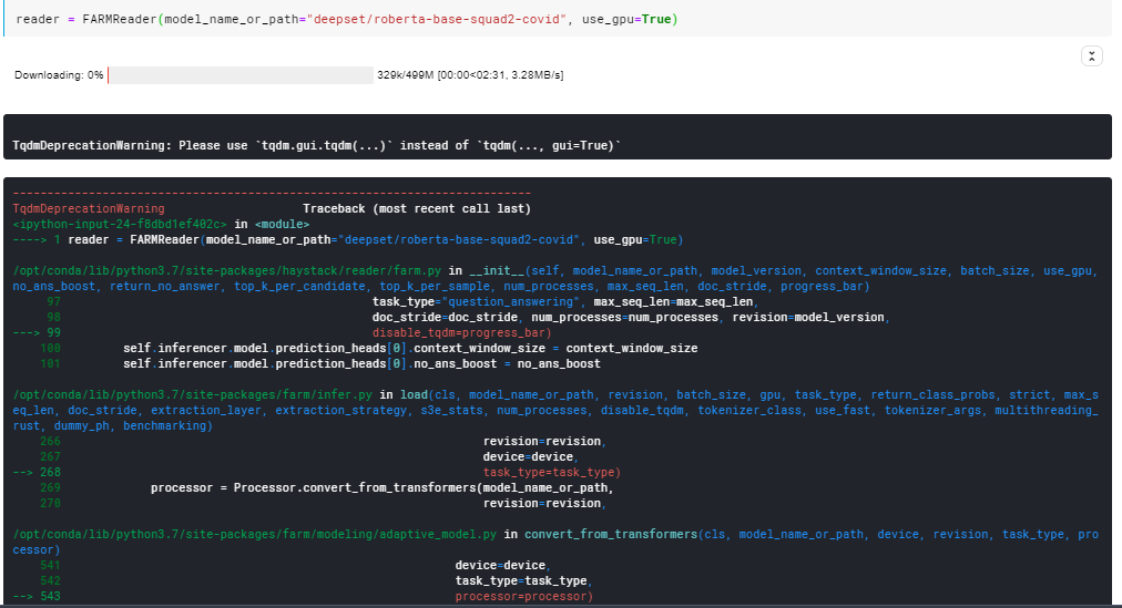 FARMReader not working in kaggle due to TqdmDeprecation · Issue #848 · deepset-ai/haystack · GitHub