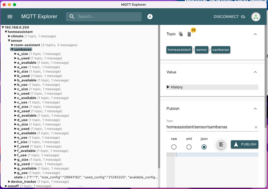 Can't use of mqtt to send disk status data work: Client mosq-eRKSkqOSg3iiBIO9av disconnected ...