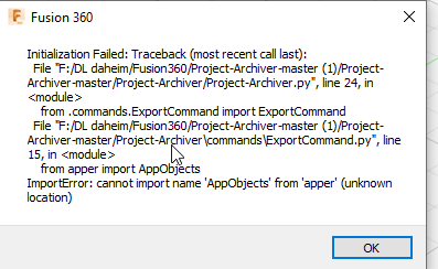 Failed initialisation on windows10 · Issue #21 · tapnair/Project-Archiver · GitHub