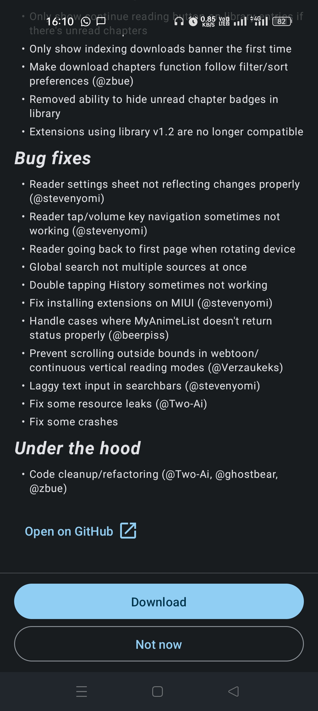 Full Changelog URL are not clickable · Issue #1509 · Jays2Kings/tachiyomiJ2K · GitHub