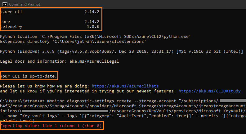 "az monitor diagnostic-settings create" command in example fails ...