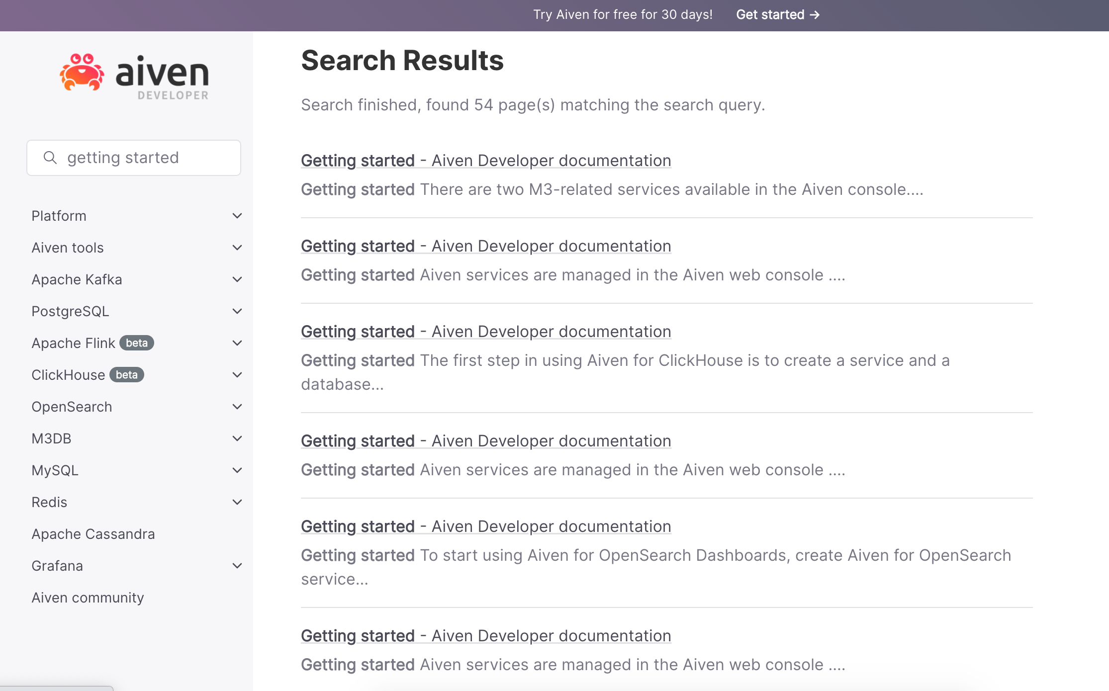 Improve the heading text when searching for articles · Issue #580 · aiven/devportal · GitHub