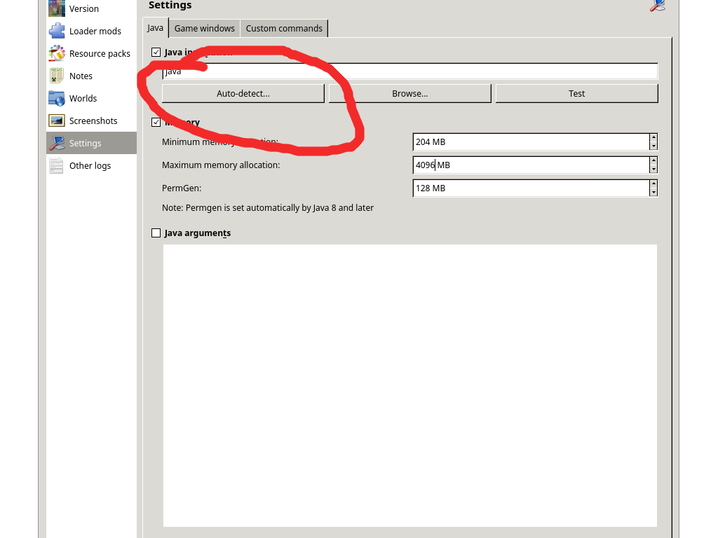 Program closes while trying to detect java in settings using autodetect ...