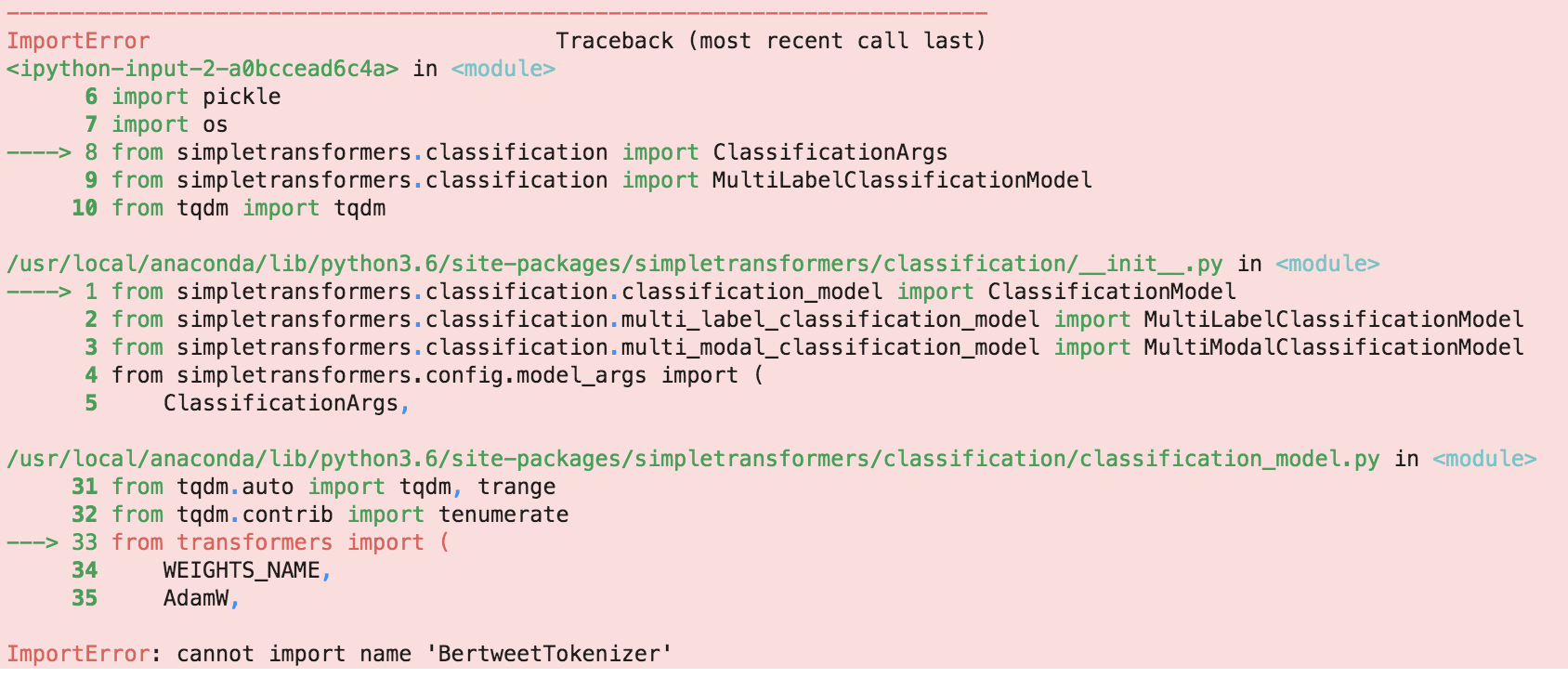 Cannot import name 'BertweetTokenizer' · Issue #775 · ThilinaRajapakse/simpletransformers · GitHub