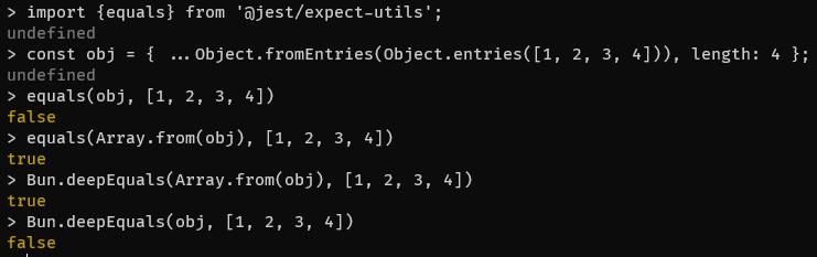 Incorrect `deepEquals` when comparing array to object · Issue #2548 · oven-sh/bun · GitHub