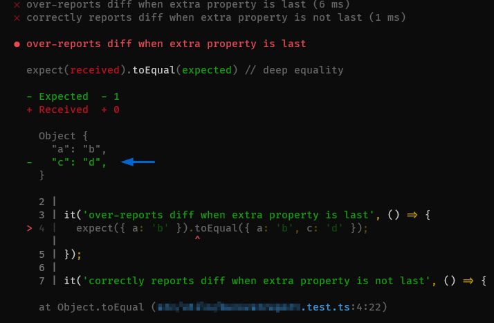 `toequal` Over Reports Differences When Extra Object Property Comes Last · Issue 6622 · Oven Sh