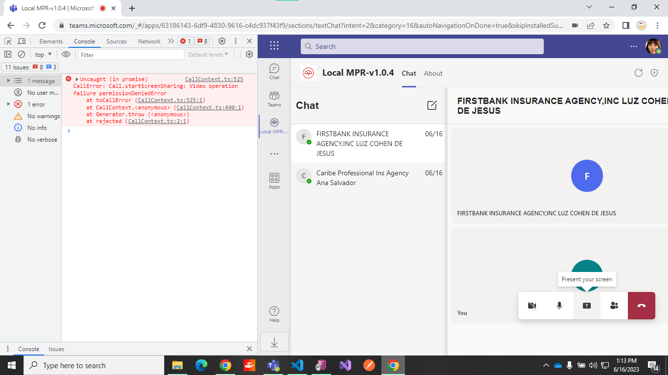 PermissionDeniedError returned when trying to share screens using statefull components and teams ...