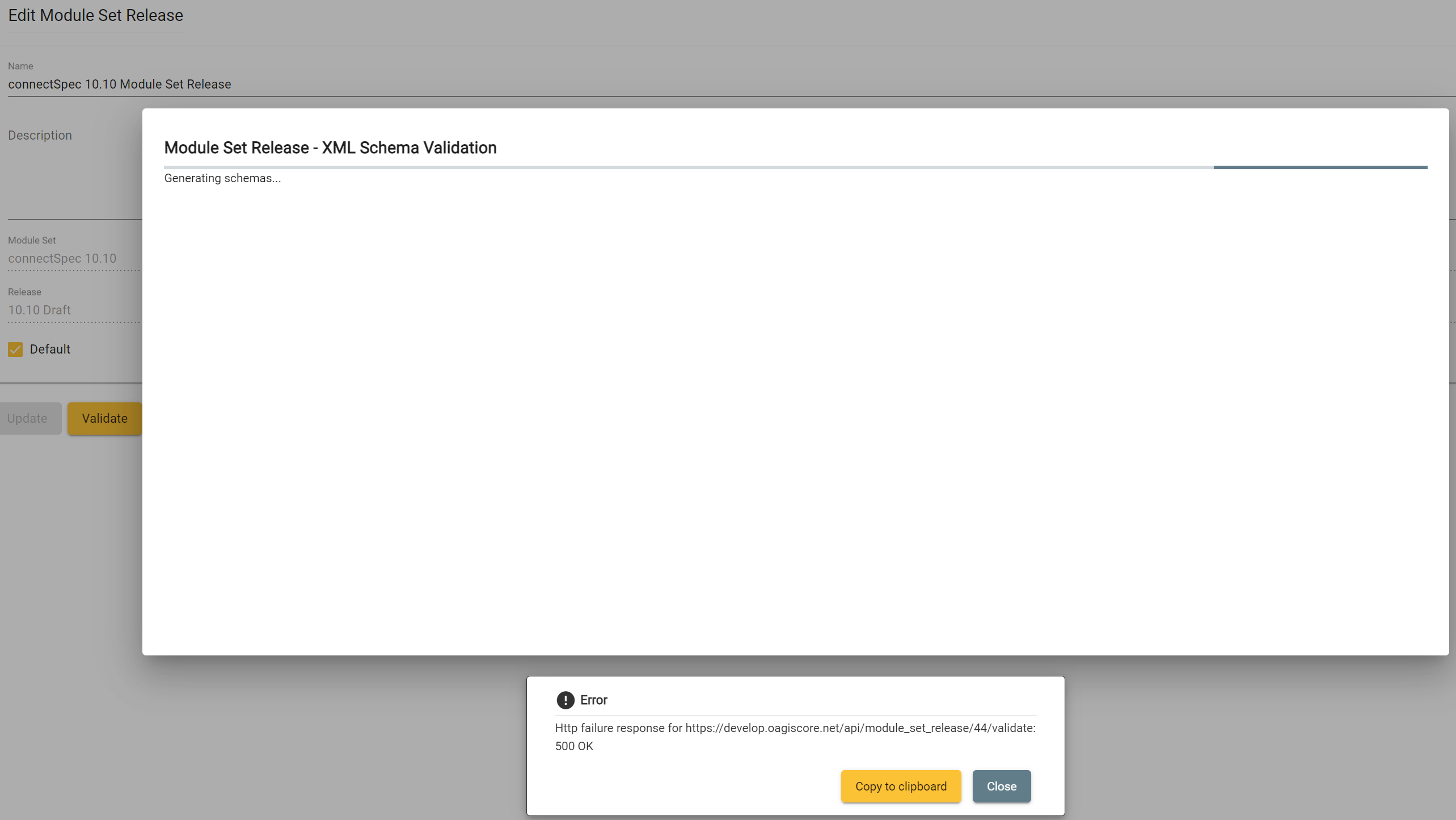 Validation 500 Error When Running Module Set Release Validation · Issue 1551 · Oagiscore · Github 1544