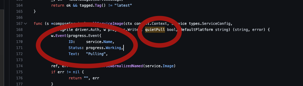 [BUG] For `up` command, "pulling" and "Pulled" events should respect `quietPull` flag · Issue ...