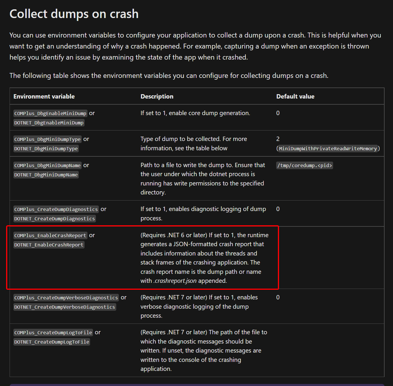 Use Dotnetenablecrashreport Create Report But Crashreportjson 