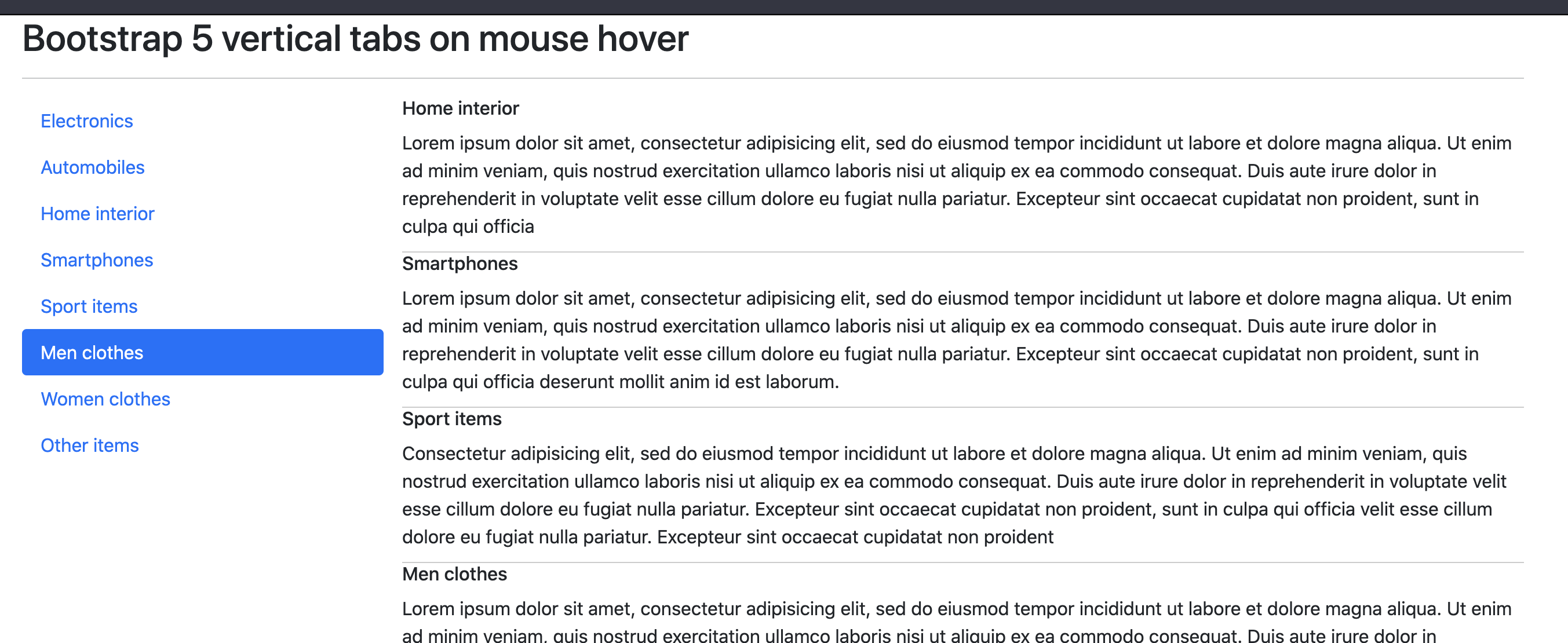 Tabs show() with mouseenter event · Issue #33777 · twbs/bootstrap · GitHub