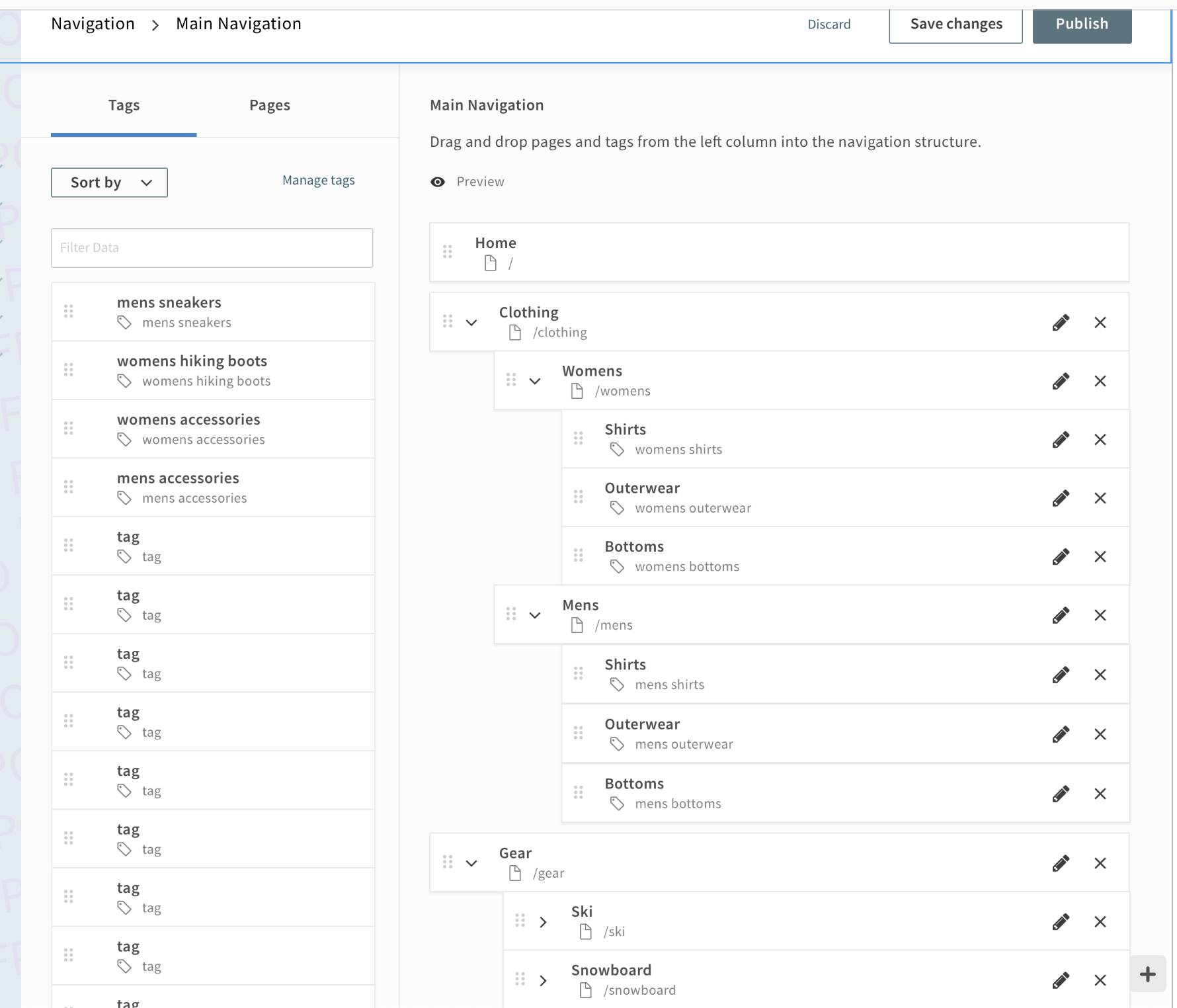 Merchandising - Navigation scope: A user can view all Categories in the Sidebar to drag and drop ...