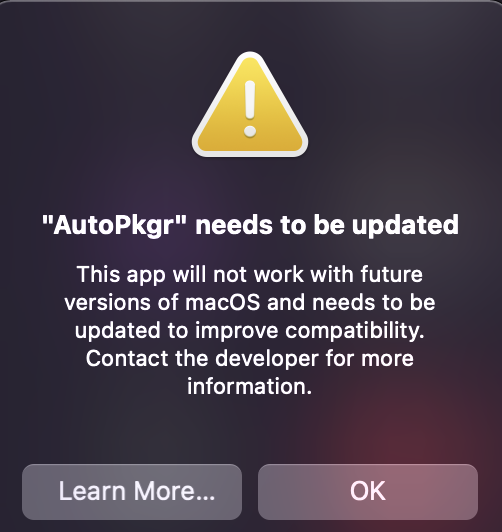 "AutoPkgr" needs to be updated warning macOS Monterey · Issue #674 · lindegroup/autopkgr · GitHub