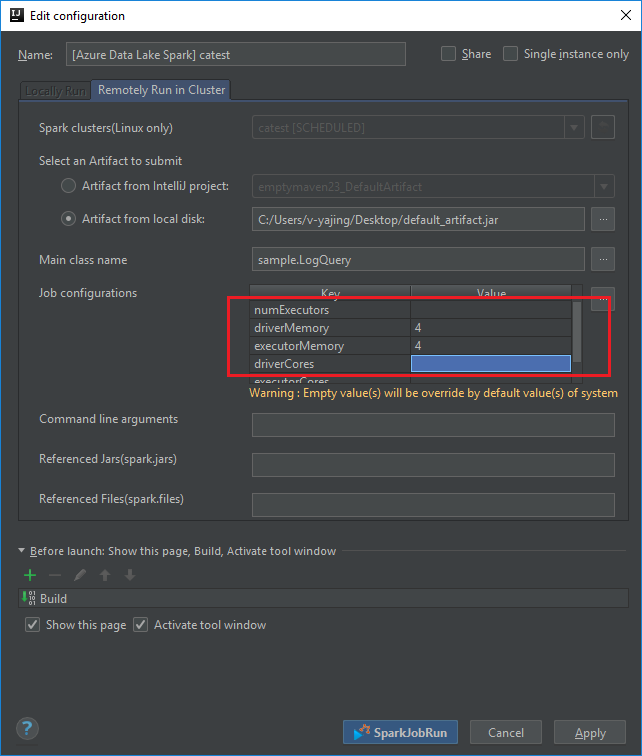 [IntelliJ][Spark on ADL] In submit dialog, no memory check when leave other field empty · Issue ...