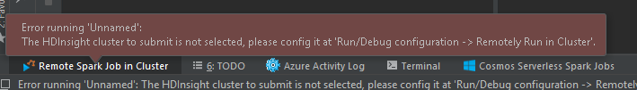 [IntelliJ] Submit Aris/SparkOnADL config without cluster, warning says HDInsight cluster info ...