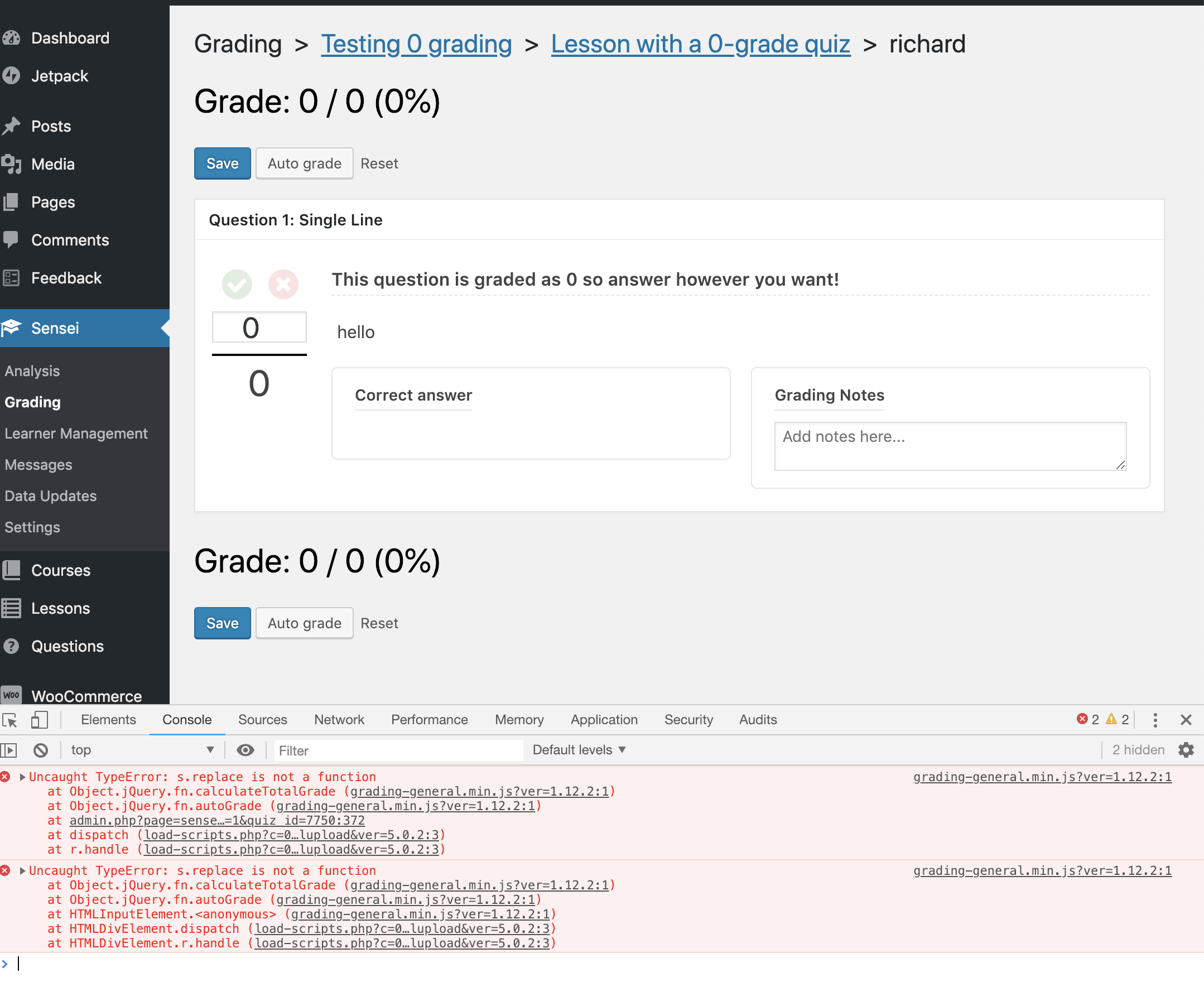 JavaScript error on Grading page · Issue #2373 · Automattic/sensei · GitHub