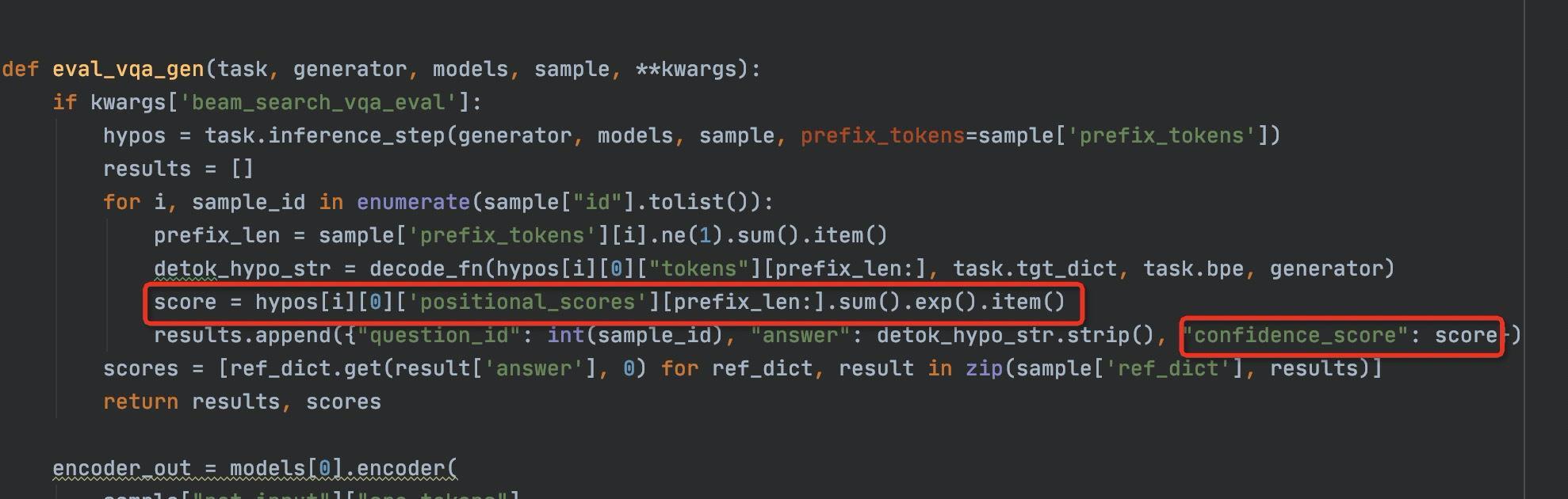 for vqa beam search inference, how to get the confidence score (normalized in (0,1)) for the ...