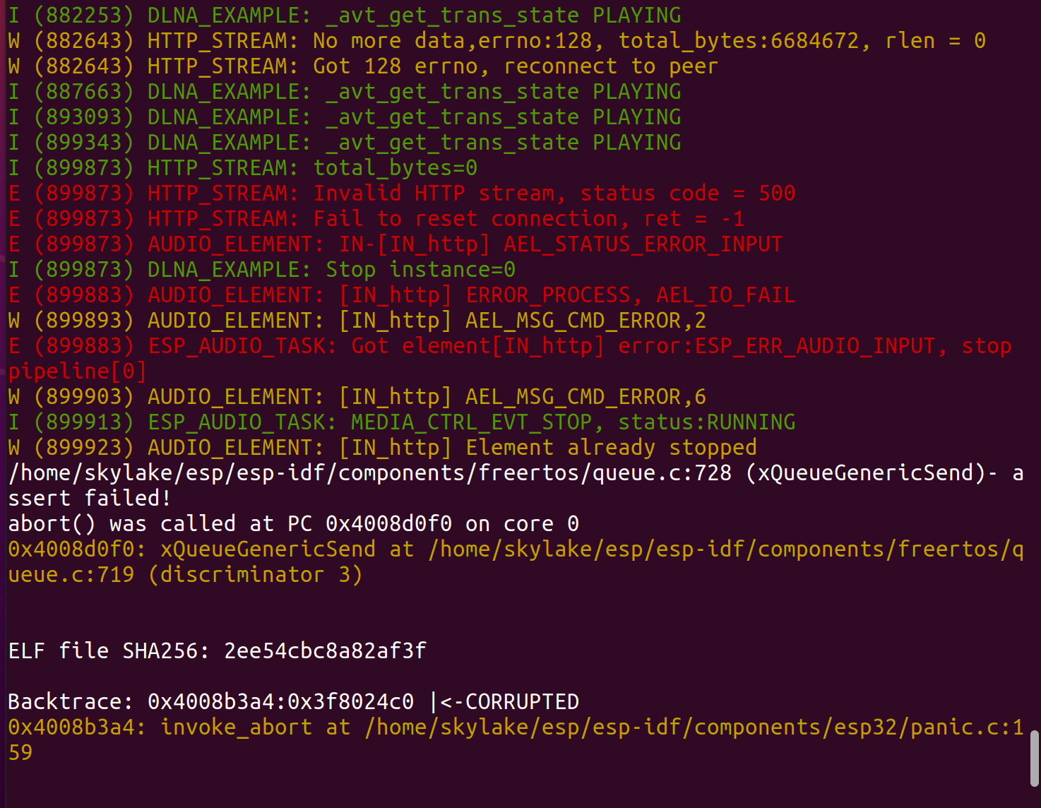 Issue：DLNA Demo在播放一段时间音频流后出现卡顿，不久后重启 (AUD-2323) · Issue #461 · espressif/esp-adf · GitHub