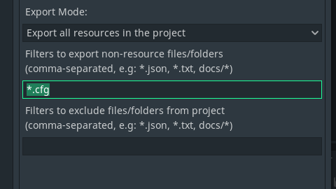 Engine silently includes export_presets.cfg into project binary if `*.cfg` is in the non ...