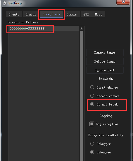 IgnoreRange of Exceptions are always reset to `first:log` after restart x64dbg. · Issue #2741 ...