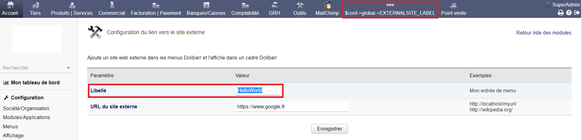 Dolibarr 7.0.0 - "External Site" module issue : "$conf->global ...