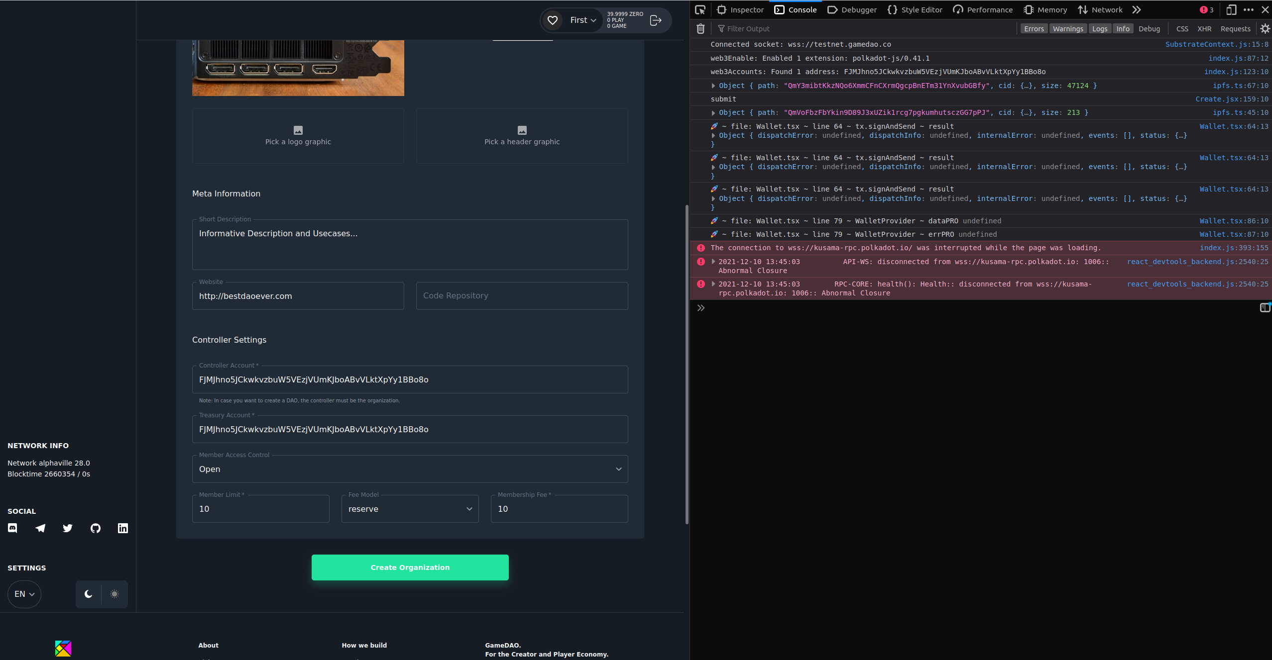 Unable to create Organization · Issue #185 · gamedaoco/gamedao-beta · GitHub