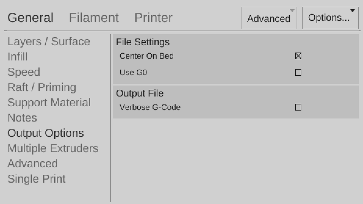 Missing some advanced options like "Post-Processing Scripts" in "Output Options" (using Slic3r ...