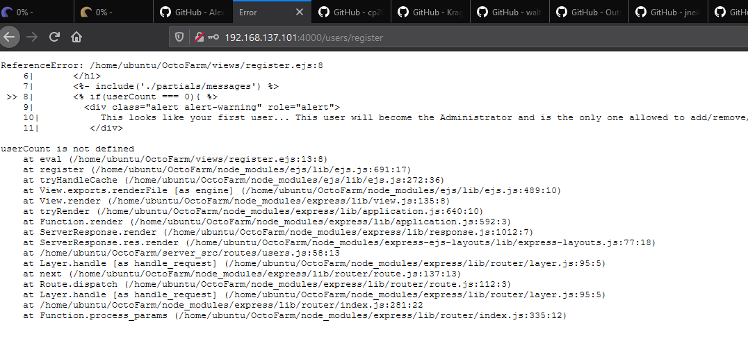 [BUG] on Dev 1.1.6 : Failure to create user on new install · Issue #191 · OctoFarm/OctoFarm · GitHub