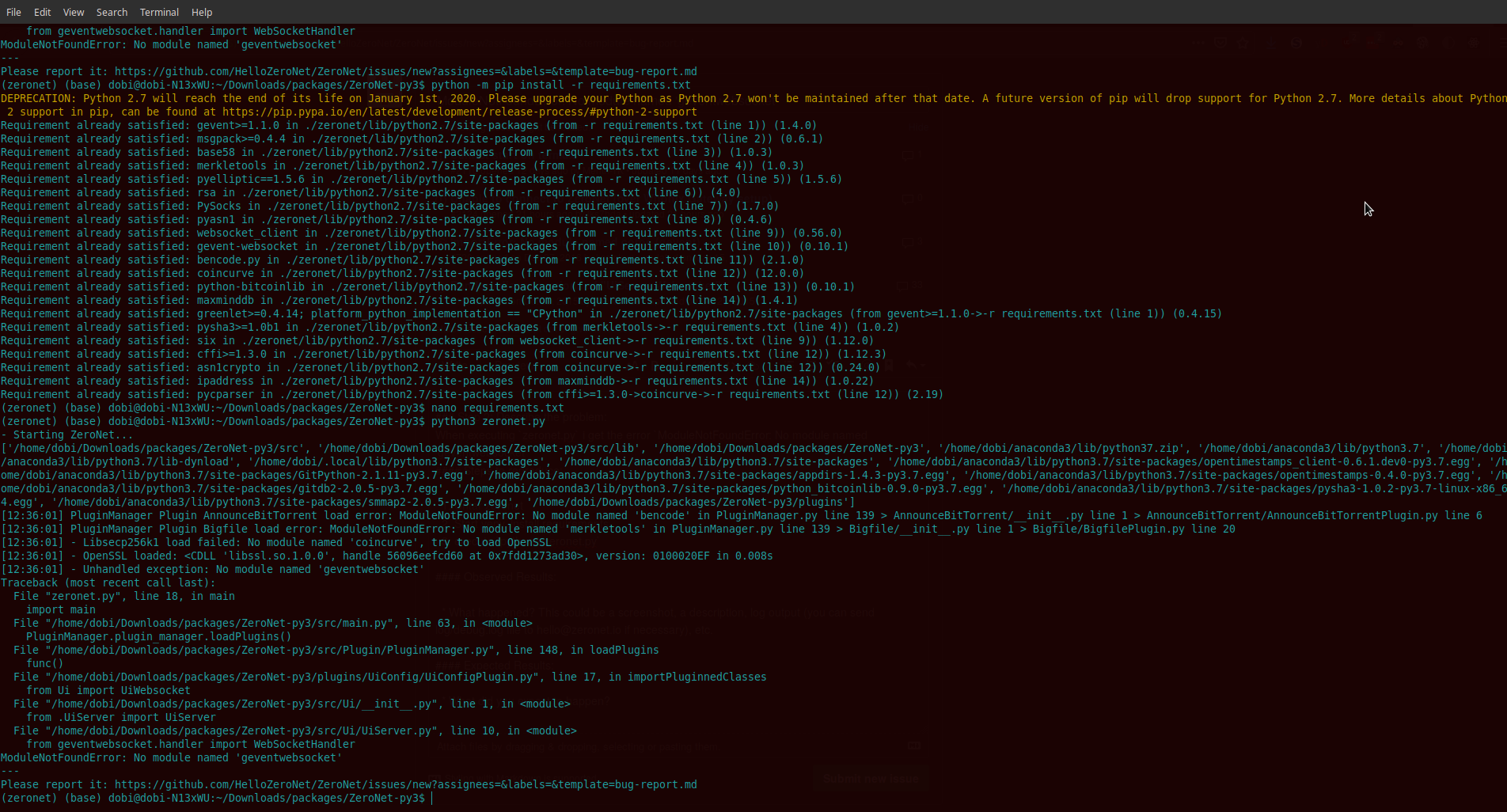ModuleNotFoundError: No module named 'geventwebsocket' · Issue #2127 · HelloZeroNet/ZeroNet · GitHub