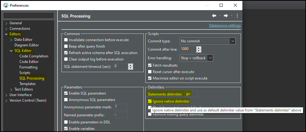 DBeaver: Execute SQL text generate error if the ";" delimiter together ...