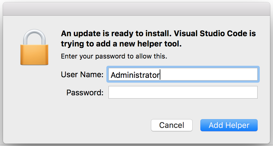 "An update is ready to install" issue. VSCode asks admin permission ...