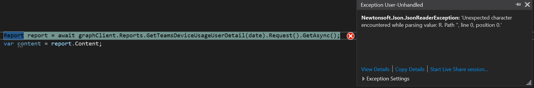 Newtonsoft.Json.JsonReaderException on Reports endpoints · Issue #551 · microsoftgraph/msgraph ...