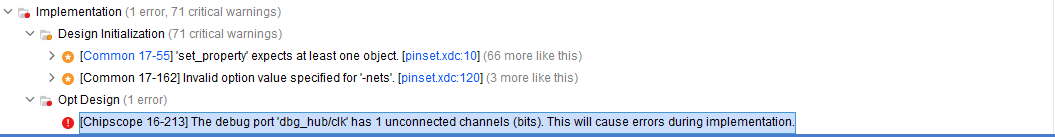 The debug port 'dbg_hub/clk' has 1 unconnected channels (bits). This will cause errors during ...